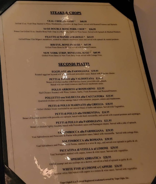 Topo Gigio Ristorante Menu – Authentic Italian Cuisine & Outdoor Patio ...